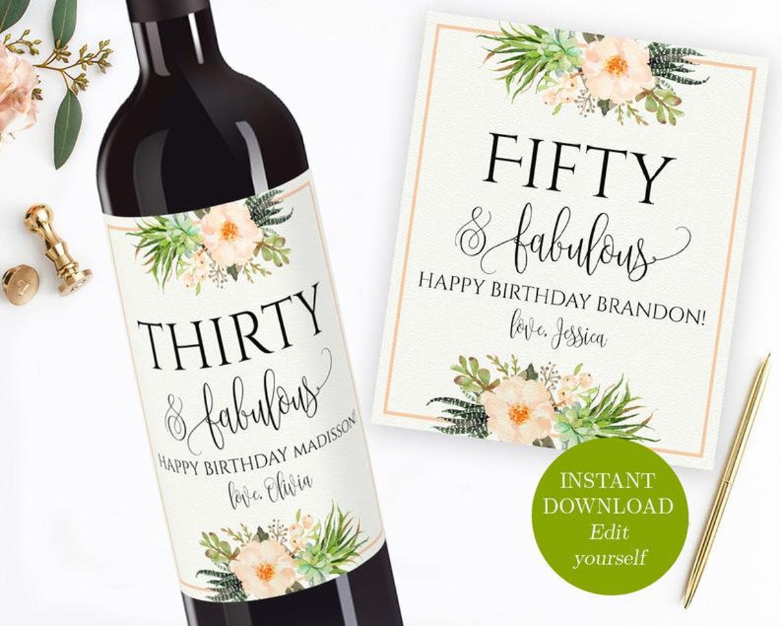 Editable Birthday Wine Label Template: Any Age, Floral Design (digital ...