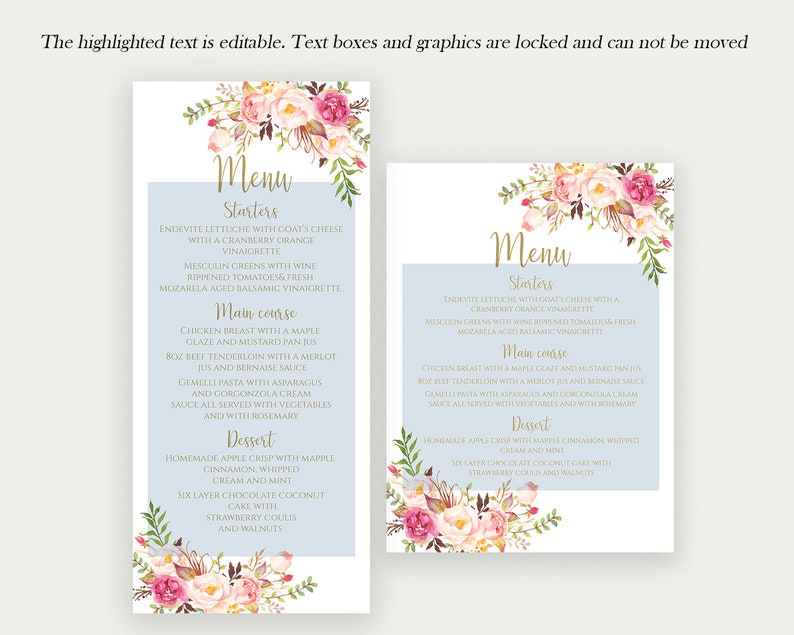 Printable Party Menu Template Wedding Menu Cards Menu Cards - Etsy
