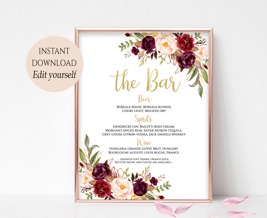 Printable Bar Menu Sign the Bar Sign Wedding Bar Menu Printable ...