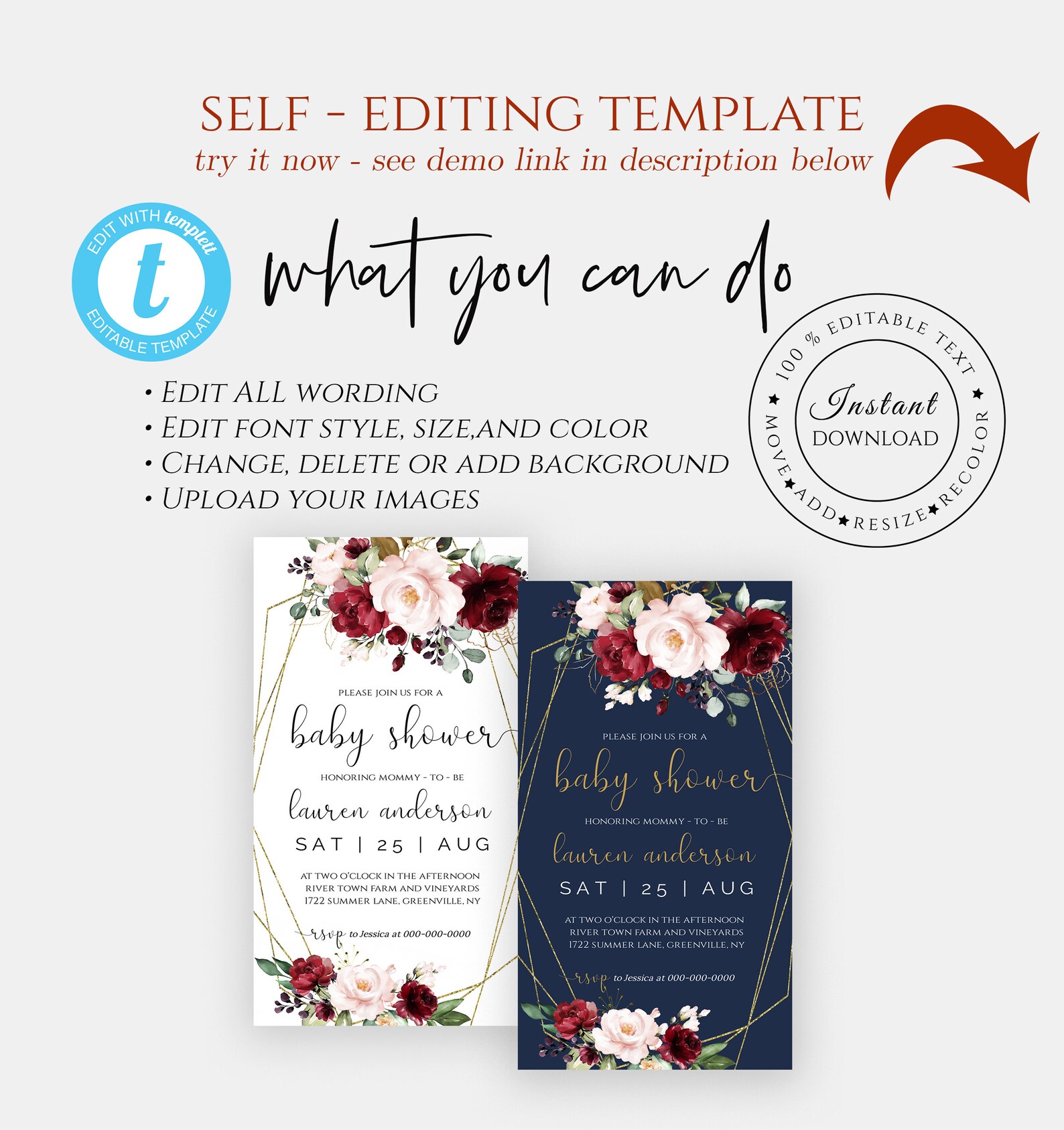 Red Floral Baby Shower Electronical Invitation Baby Shower E | Etsy