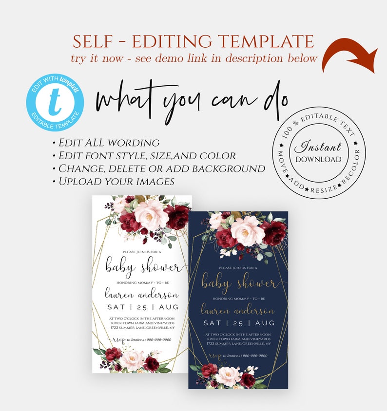 Red Floral Baby Shower Electronical Invitation Baby Shower E | Etsy