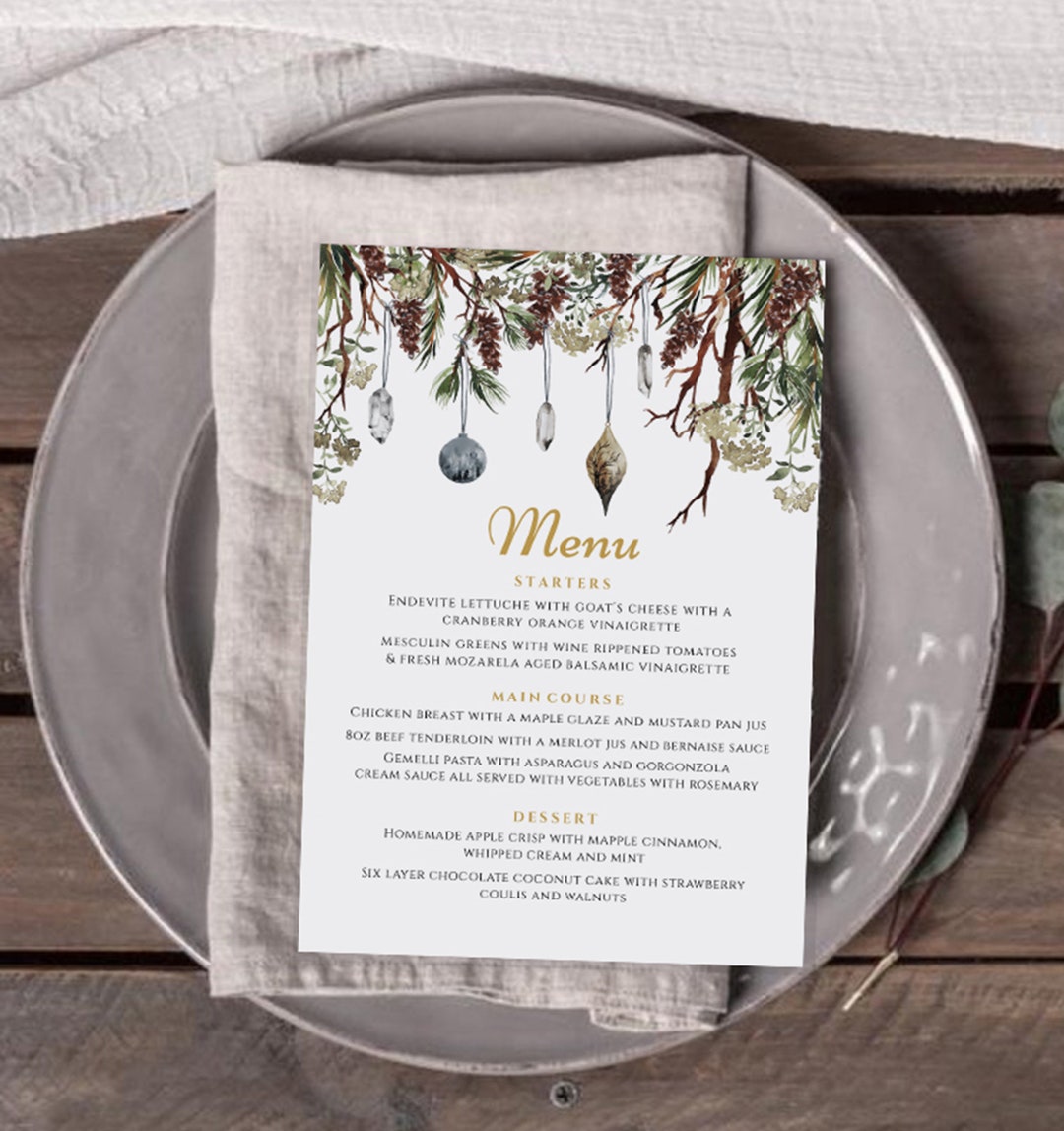 Holiday Menu Card Printable Pine Wedding Menu, Christmas Dinner Menu ...