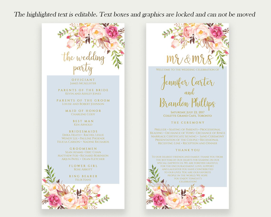 Floral Wedding Program Template Mr & Mrs Ceremony Program - Etsy