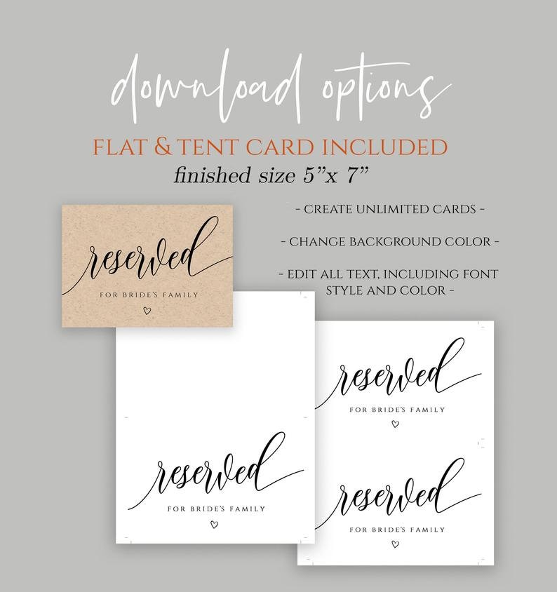 Editable Reserved Table Sign Template: Flat or Folded (instant Download ...