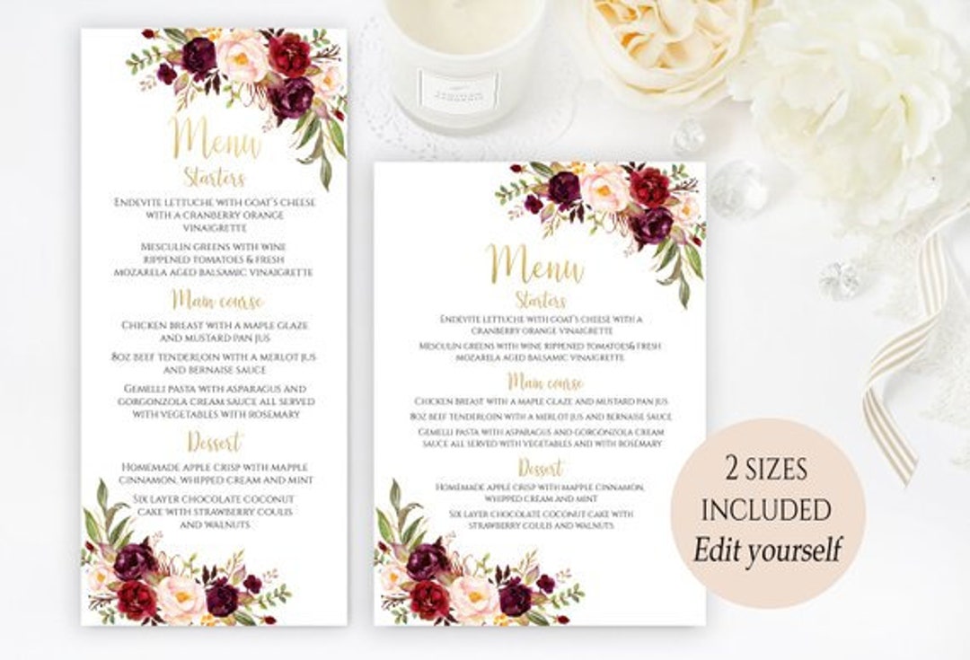 Party Menu Template Wedding Menu Cards Editable Menu Card Template ...
