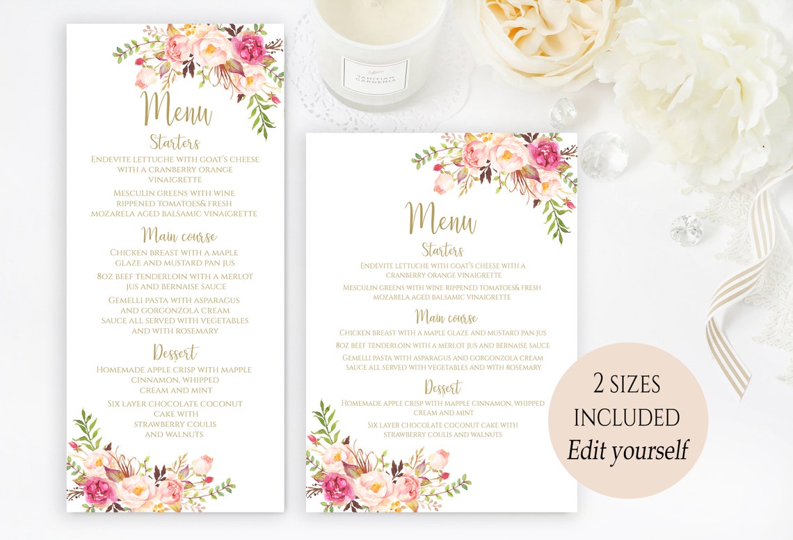 Printable Party Menu Template Wedding Menu Cards Menu Cards - Etsy