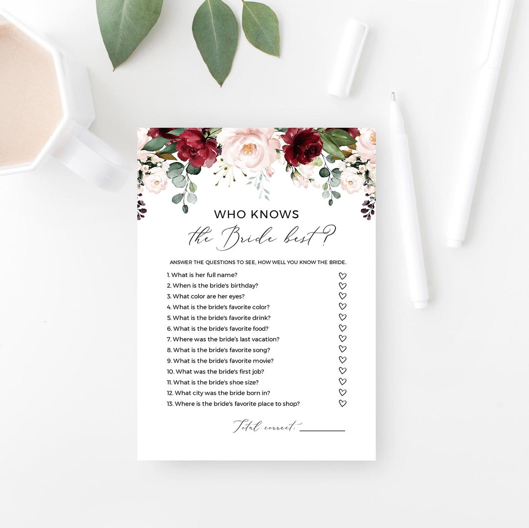 Who Knows the Bride Best Game Template, Bridal Shower Games, Printable ...