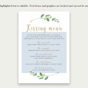 Printable Kissing Menu Printable Wedding Kissing Menu Wedding Game ...