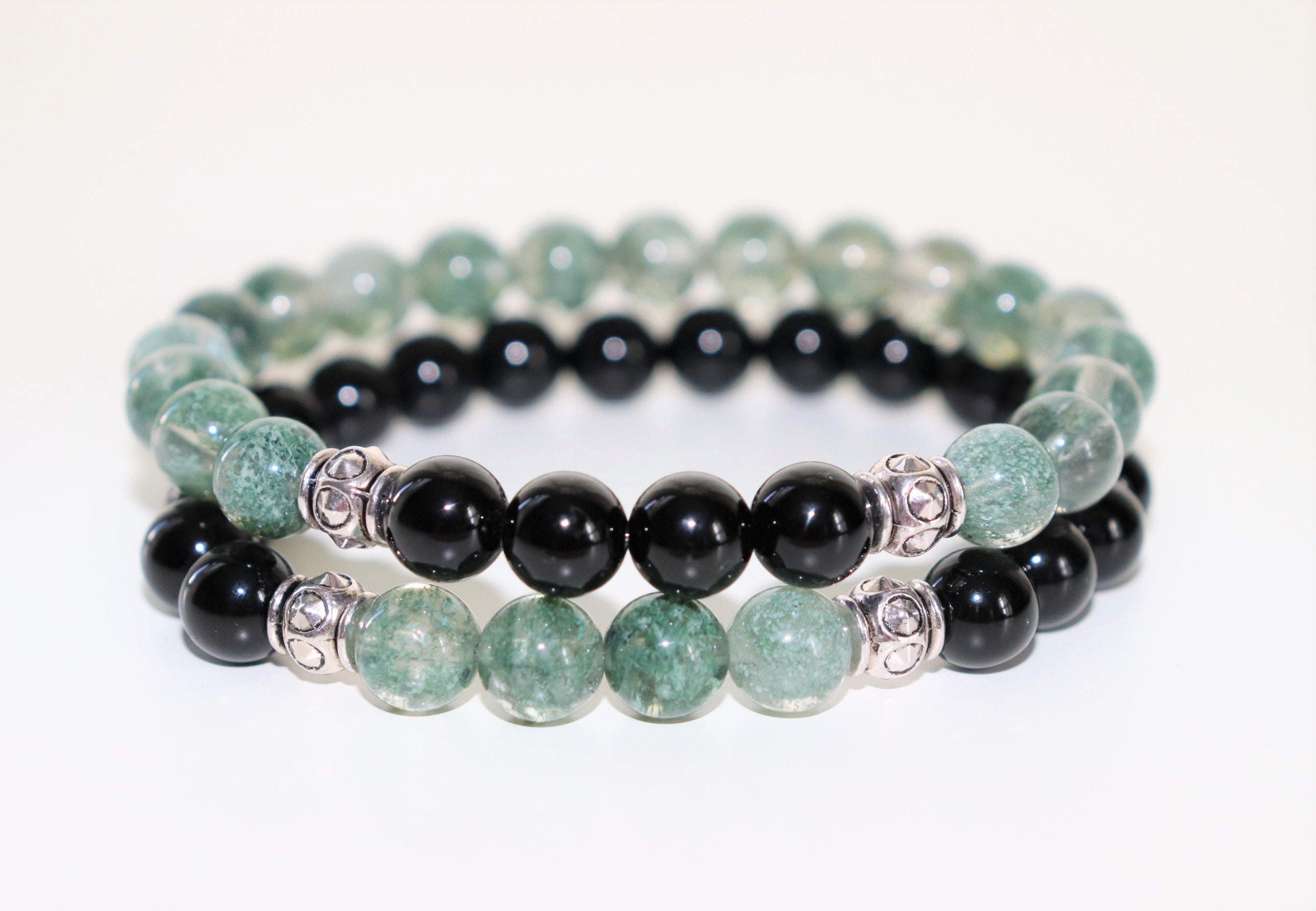8 Mm Genuine Green Phantom Quartz and Black Onyx Gemstone 8 Mm Genuine Green Phantom Quartz and Black Onyx Gemstone