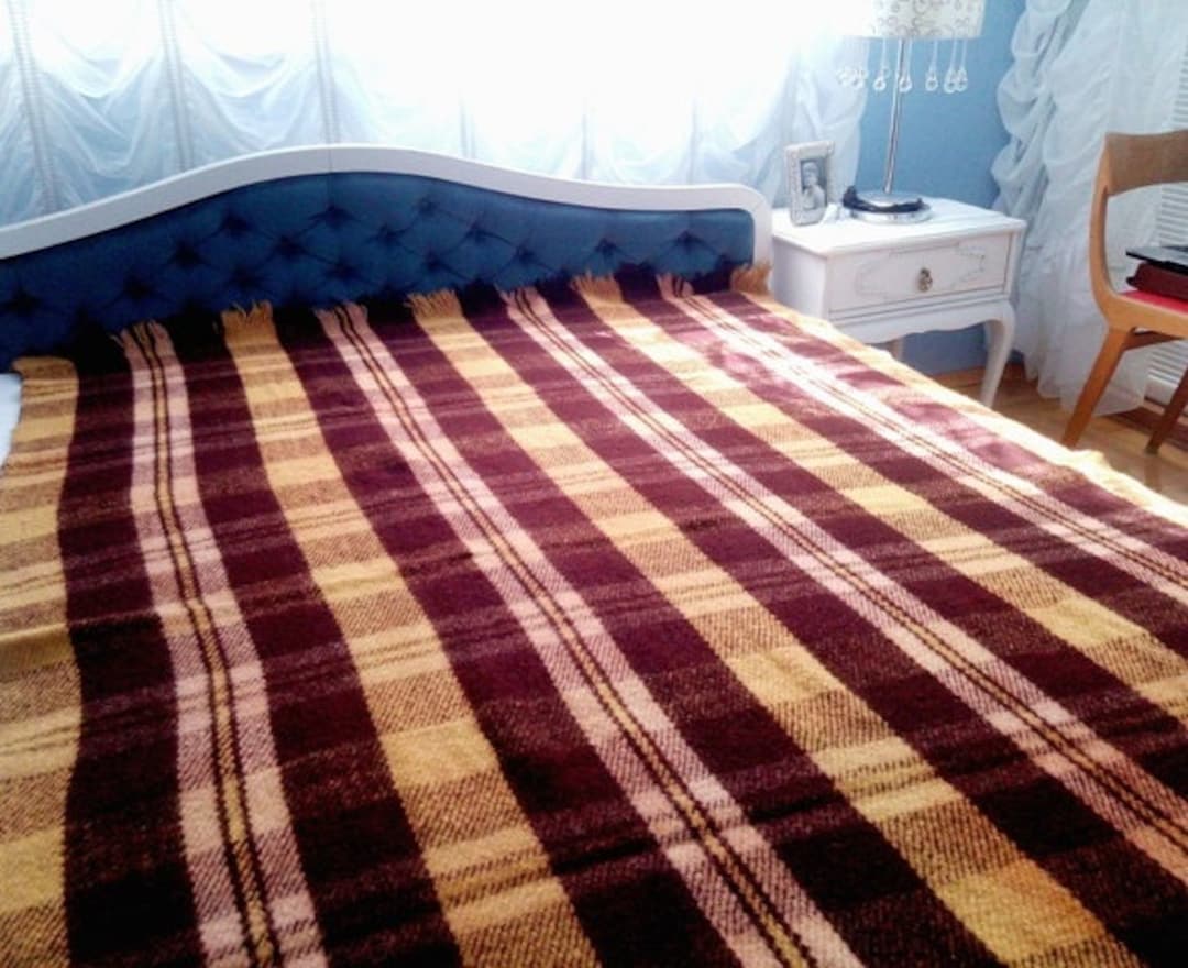Plaid Wool Blanket/ Yellow-brown Tartan Throw/ Handmade Extra Quality ...