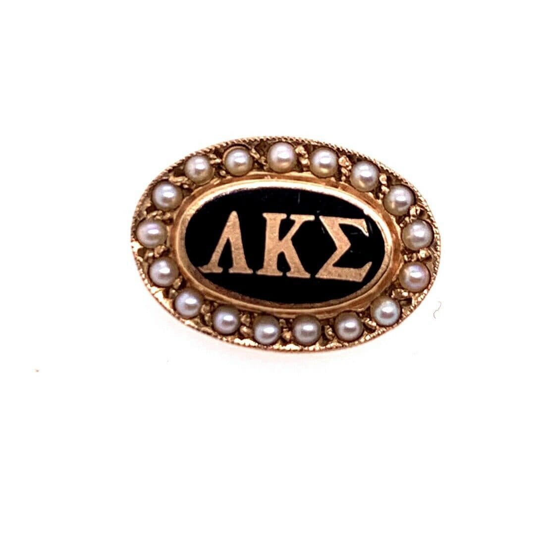 Estate Gold Alpha Sigma Kappa Pin Pearl Gem Stone Fraternity Brooche 2. ...