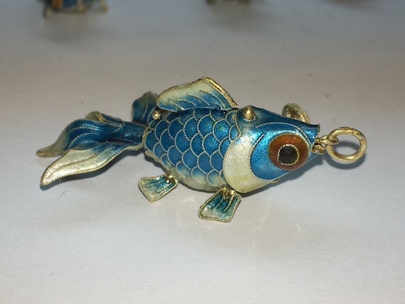 Vintage Chinese Silver Enamel Lt Blue Fish Pendant W/… - Gem
