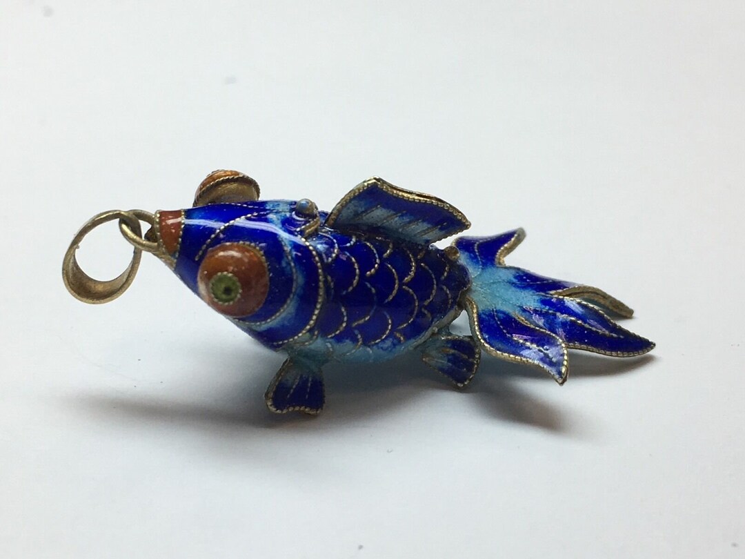 Vintage Chinese Silver Enamel Dk Blue Wide Fish Pendant Antique ...