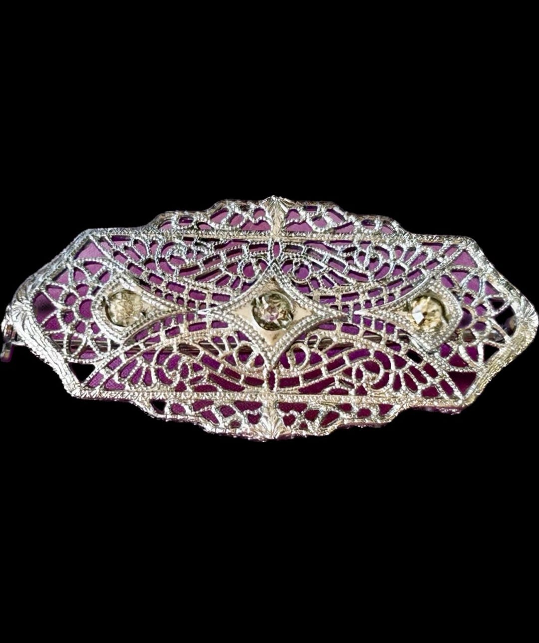 Vintage Silver Filigree Lacey Design Brooch With 3 Diamond Paste 1.6 ...