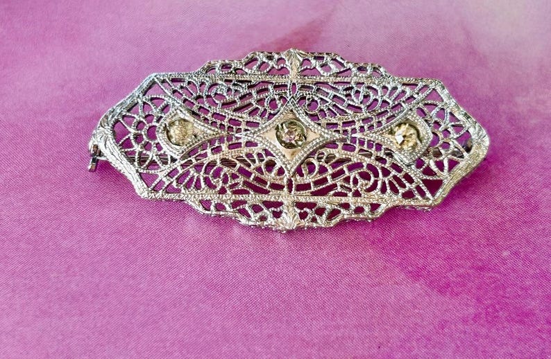 Vintage Silver Filigree Lacey Design Brooch With 3 Diamond Paste 1.6 ...