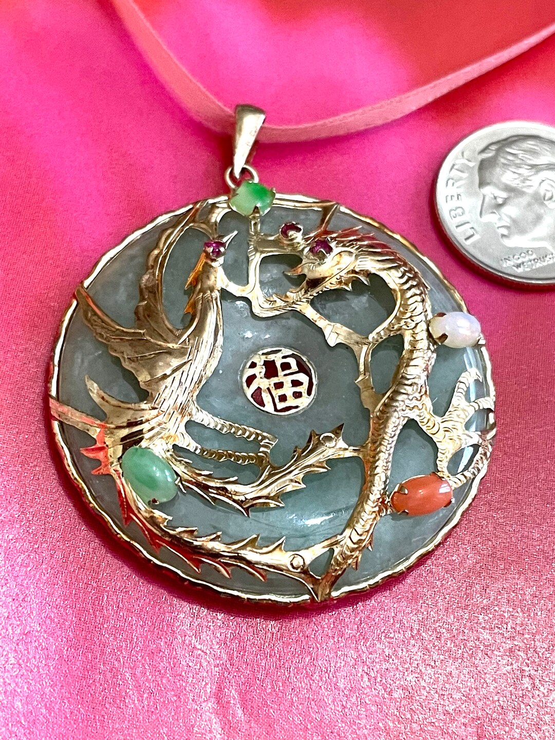 Vintage Apple Green Round Jade Pendant in 14k Gold Decked Out With Bird ...