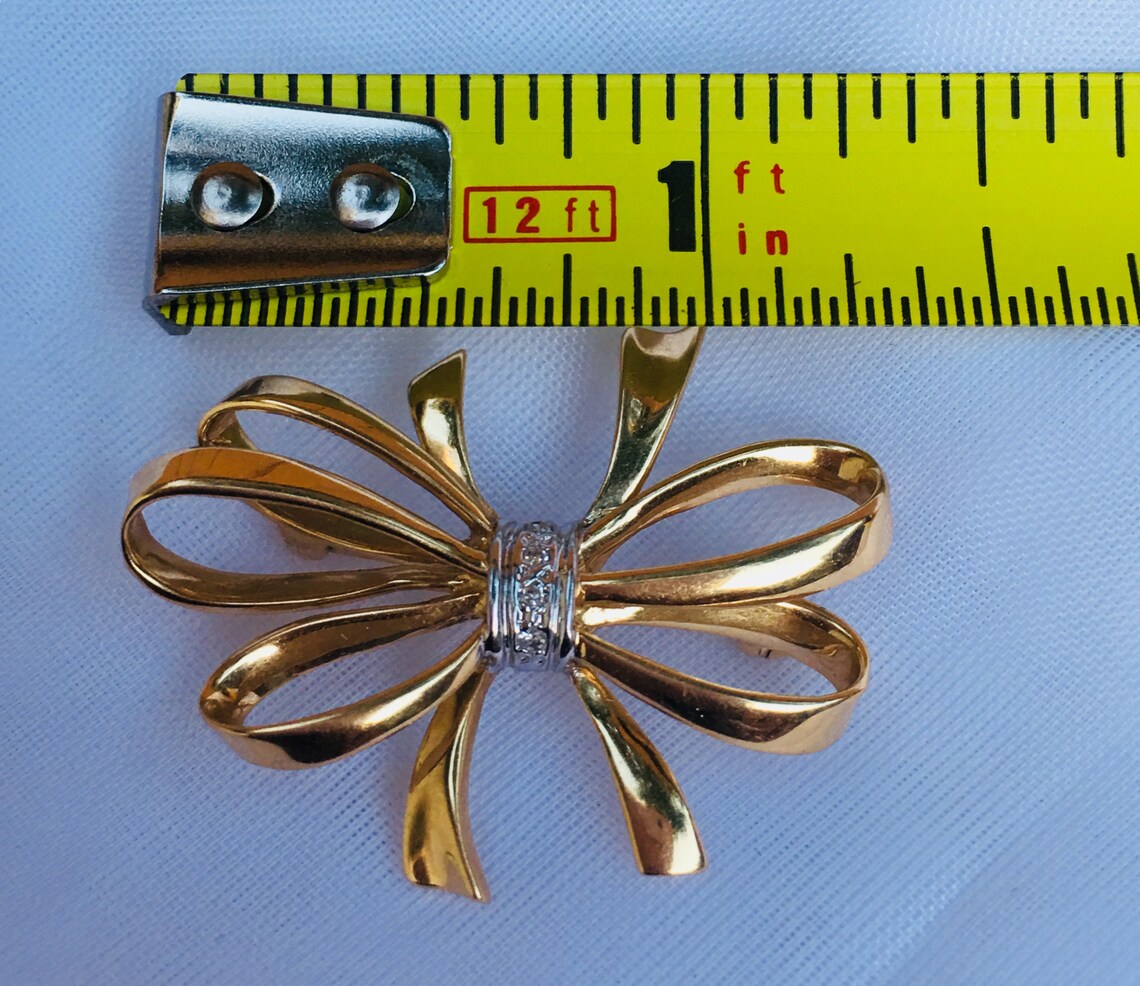 Vintage 14k Yellow Gold Ribbon Bow Brooch Pin With Diamonds | Etsy