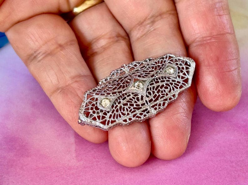 Vintage Silver Filigree Lacey Design Brooch With 3 Diamond Paste 1.6 ...