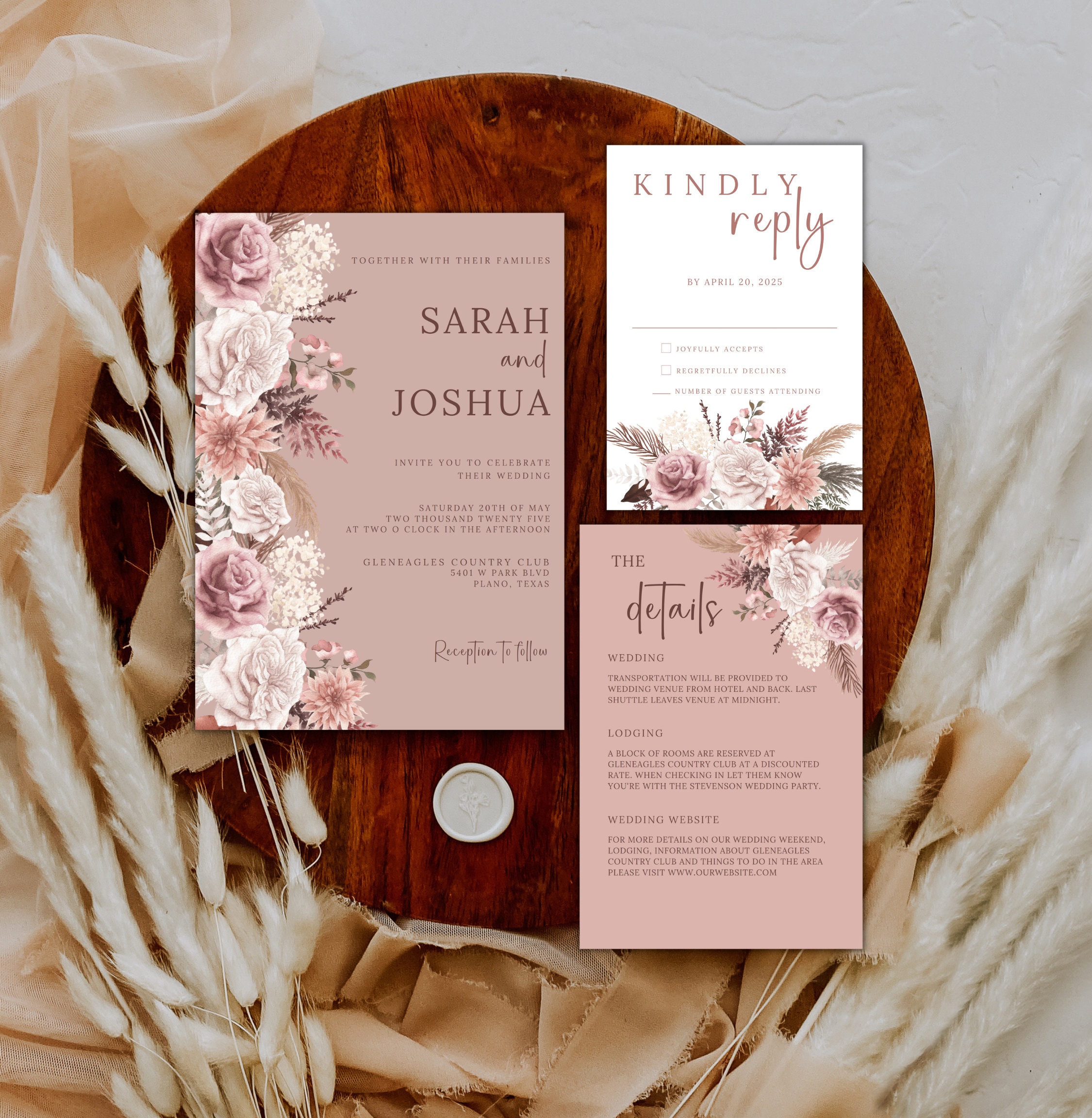 Pink Wedding Invitation Template Dusty Rose Wedding Stationary - Etsy