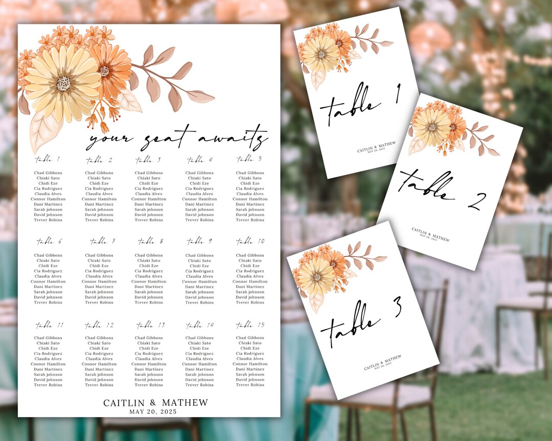 Fall Wedding Seating Chart Template Wedding Table Numbers Orange ...