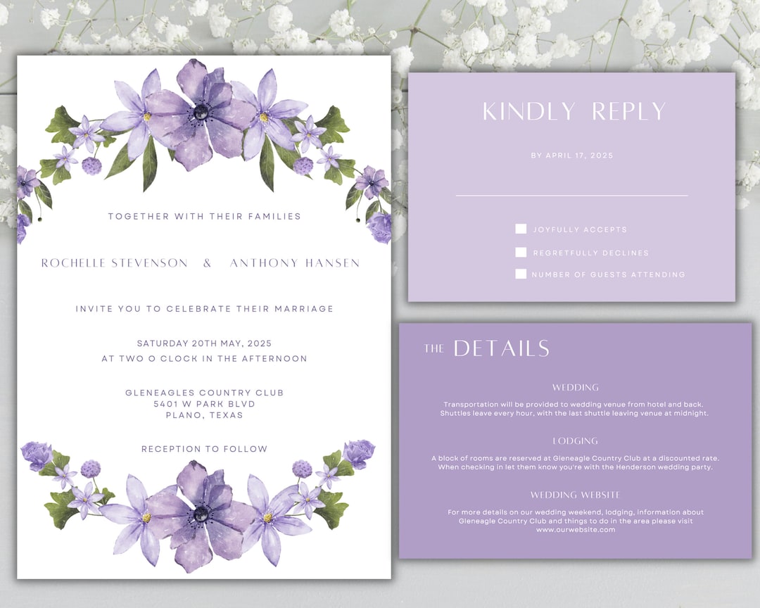 Purple Wedding Invitation Template Floral Wedding Stationary Purple ...