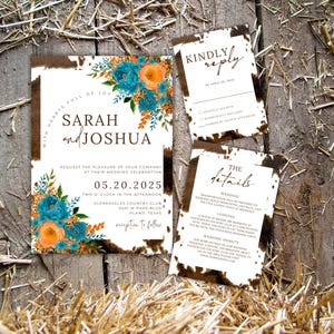 Western Wedding Invitation Cowhide Fall Floral Wedding Teal and Orange ...