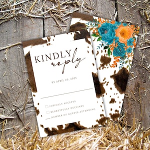 Western Wedding Invitation Cowhide Fall Floral Wedding Teal and Orange ...