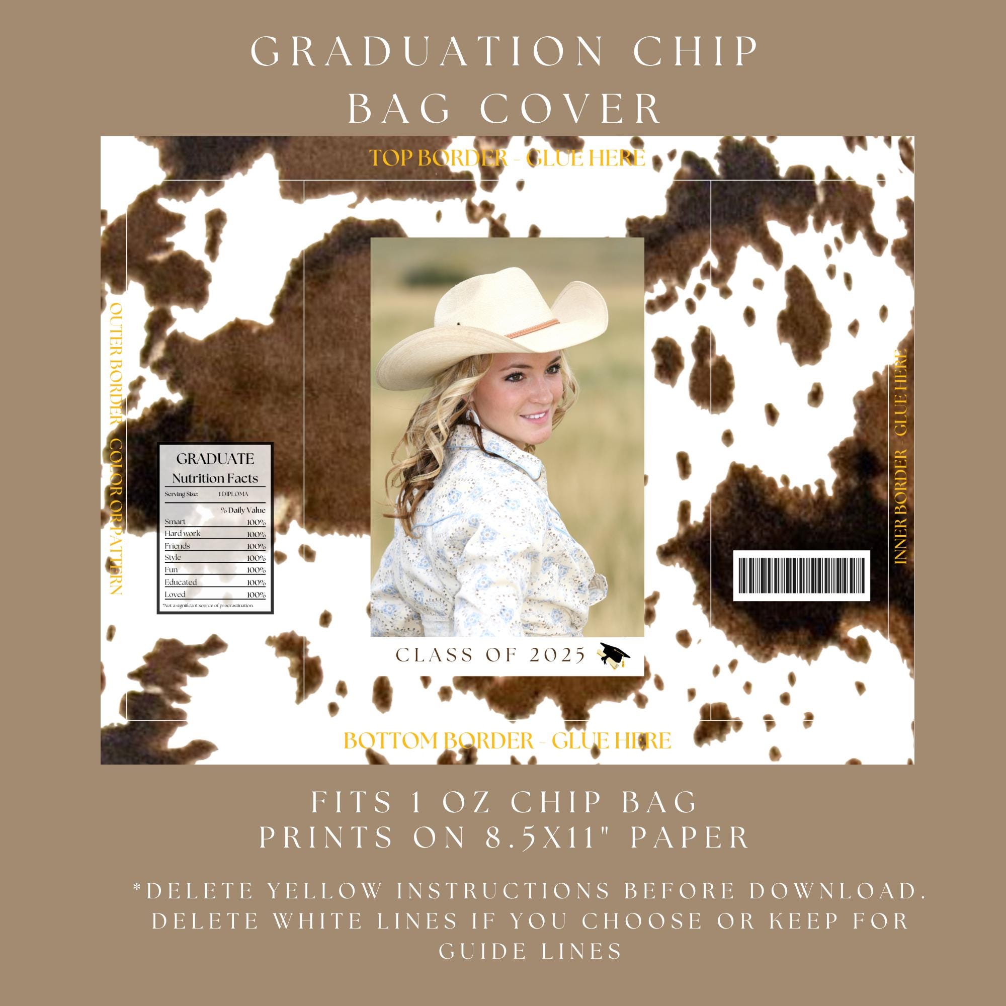Western Graduation Chip Bag Cover Template Cowhide Print Graduation ...