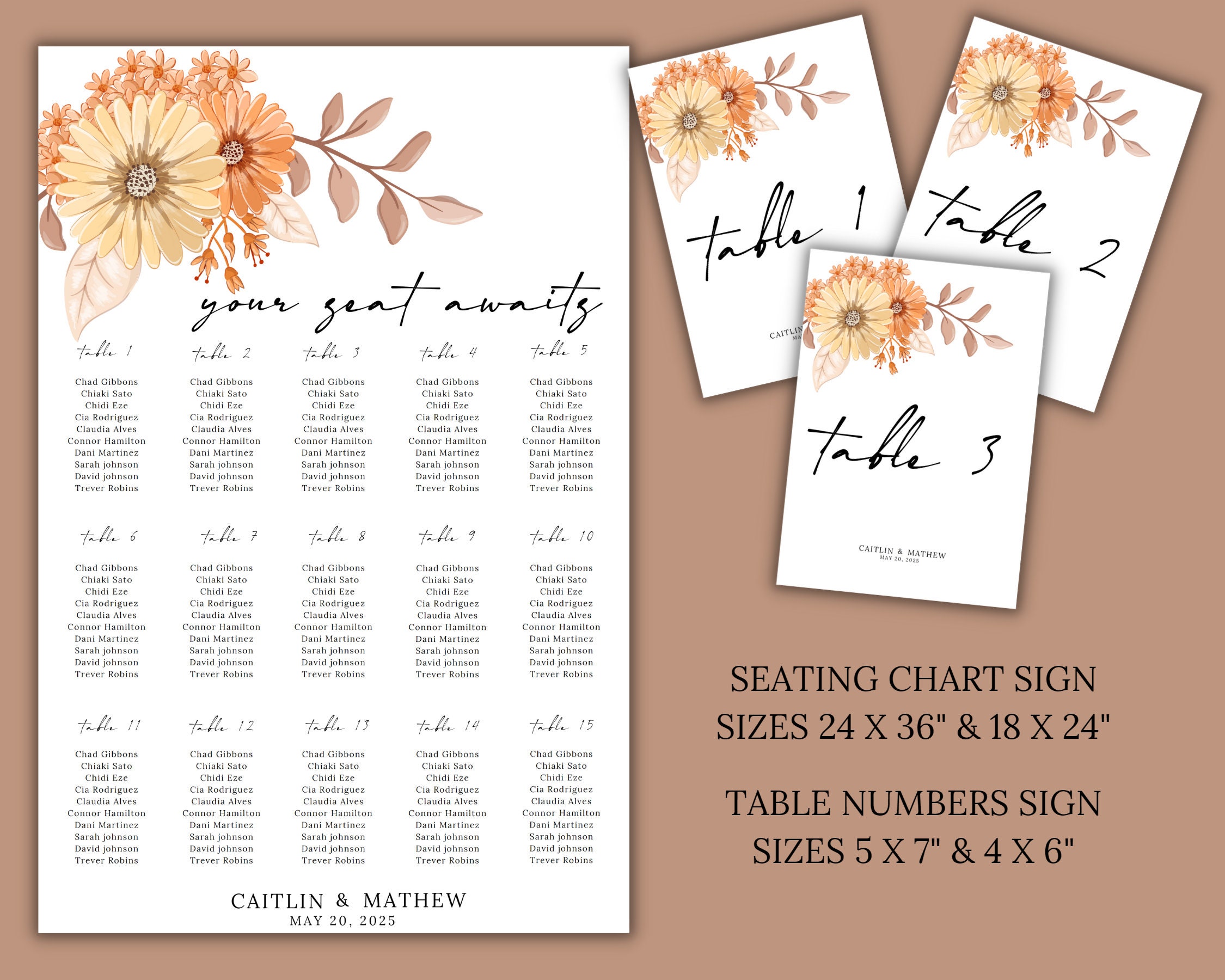 Fall Wedding Seating Chart Template Wedding Table Numbers - Etsy