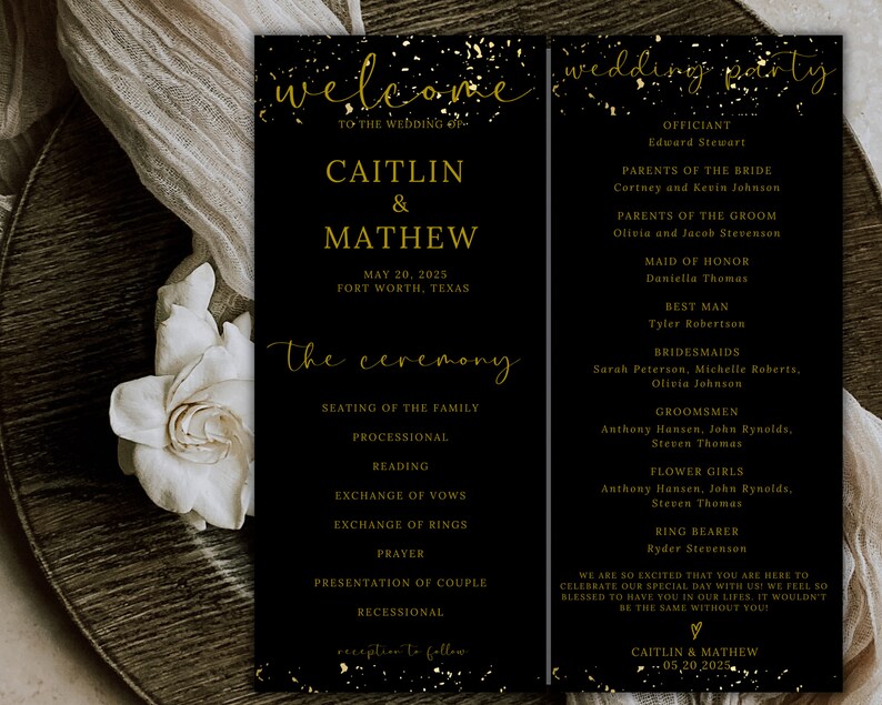Black and Gold Wedding Program Template Printable Wedding Ceremony Program Diy Wedding Editable ...