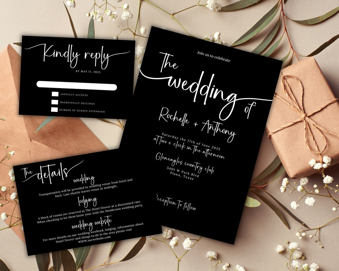 Black Wedding Invitation Template Kindly Reply Card Wedding Stationary ...
