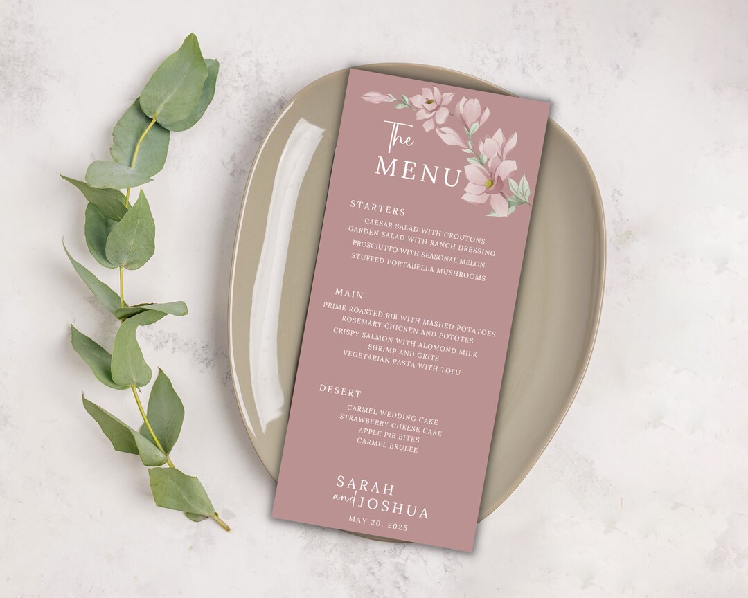 Pink Wedding Reception Menu Template Wedding Signs and Cards Dusty Pink ...