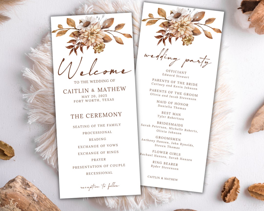 Floral Wedding Program Template Fall Flowers Wedding Program Event ...