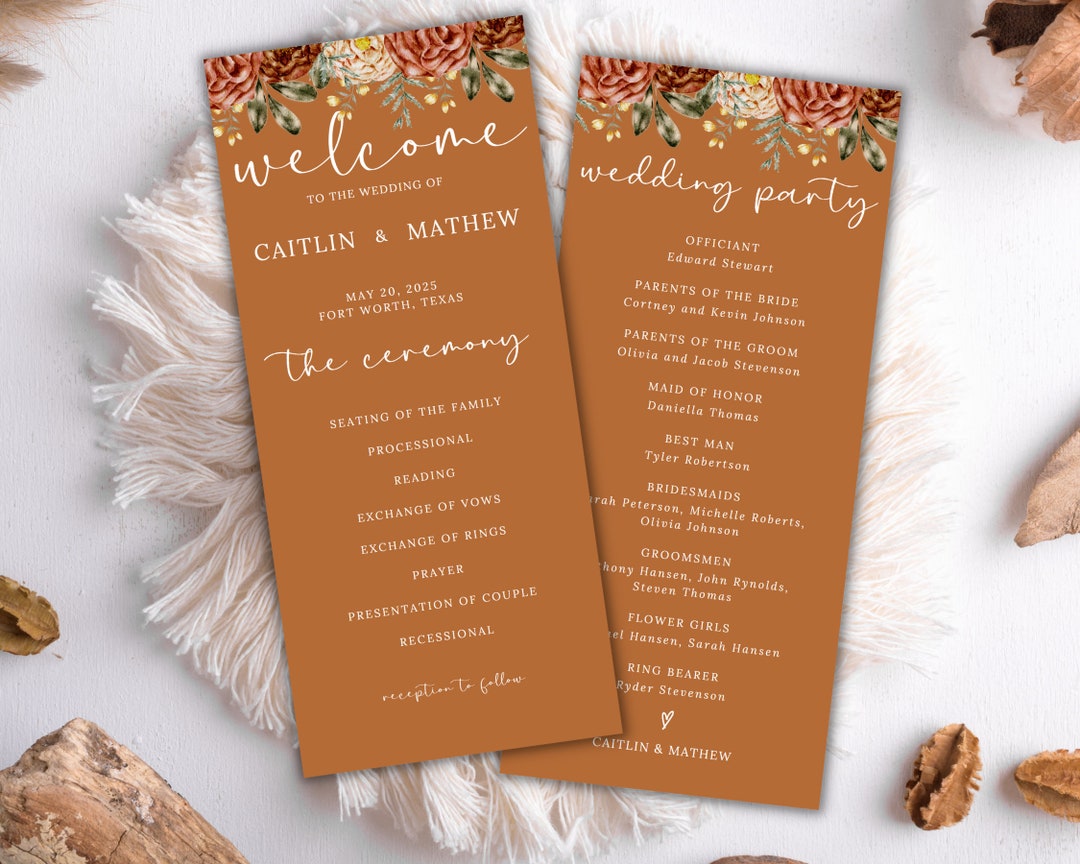 Burnt Orange Wedding Decor Wedding Ceremony Program Template Orange Wedding Cards Fall Wedding ...