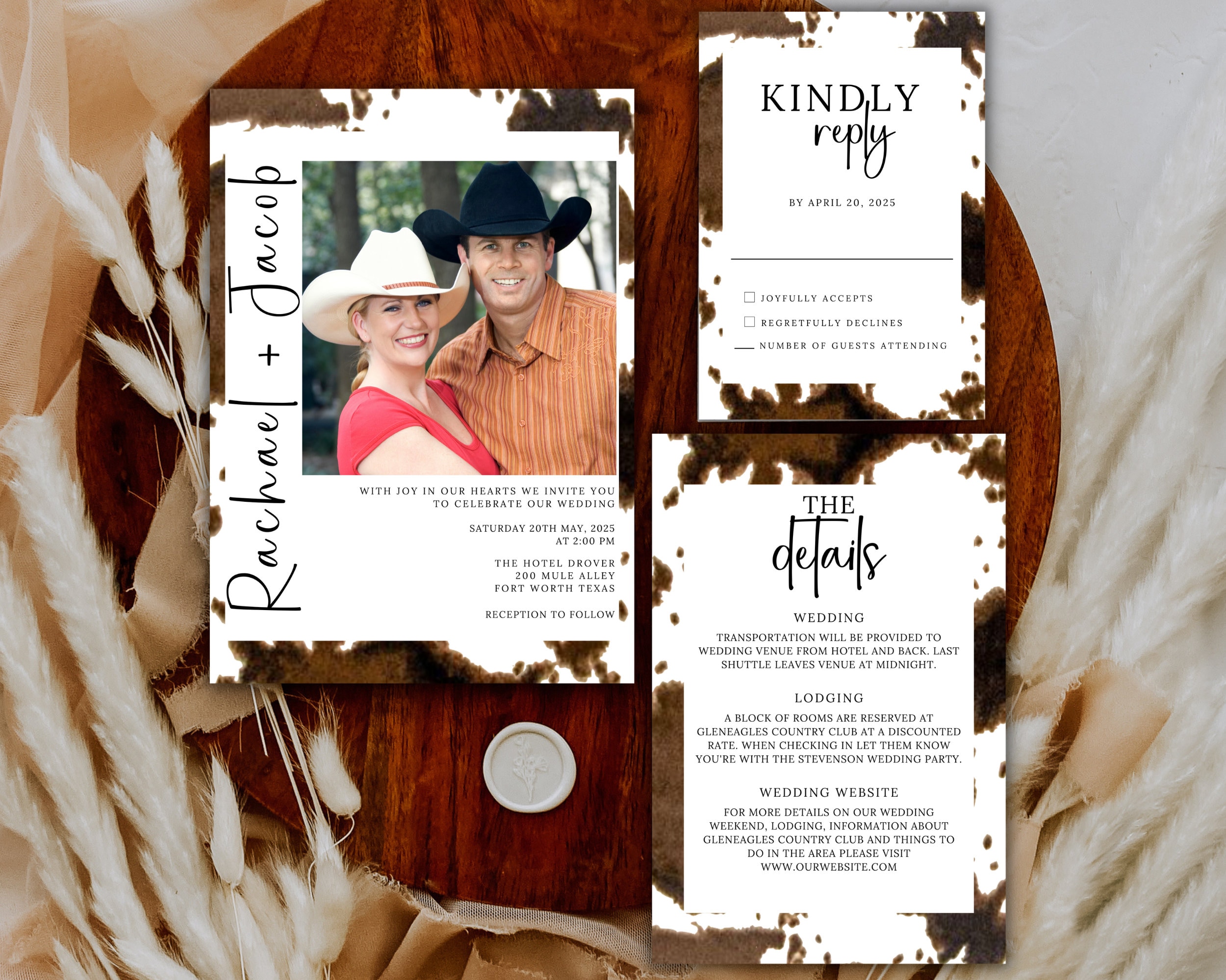 Western Wedding Invitation Set Template Cowhide Wedding Stationary ...