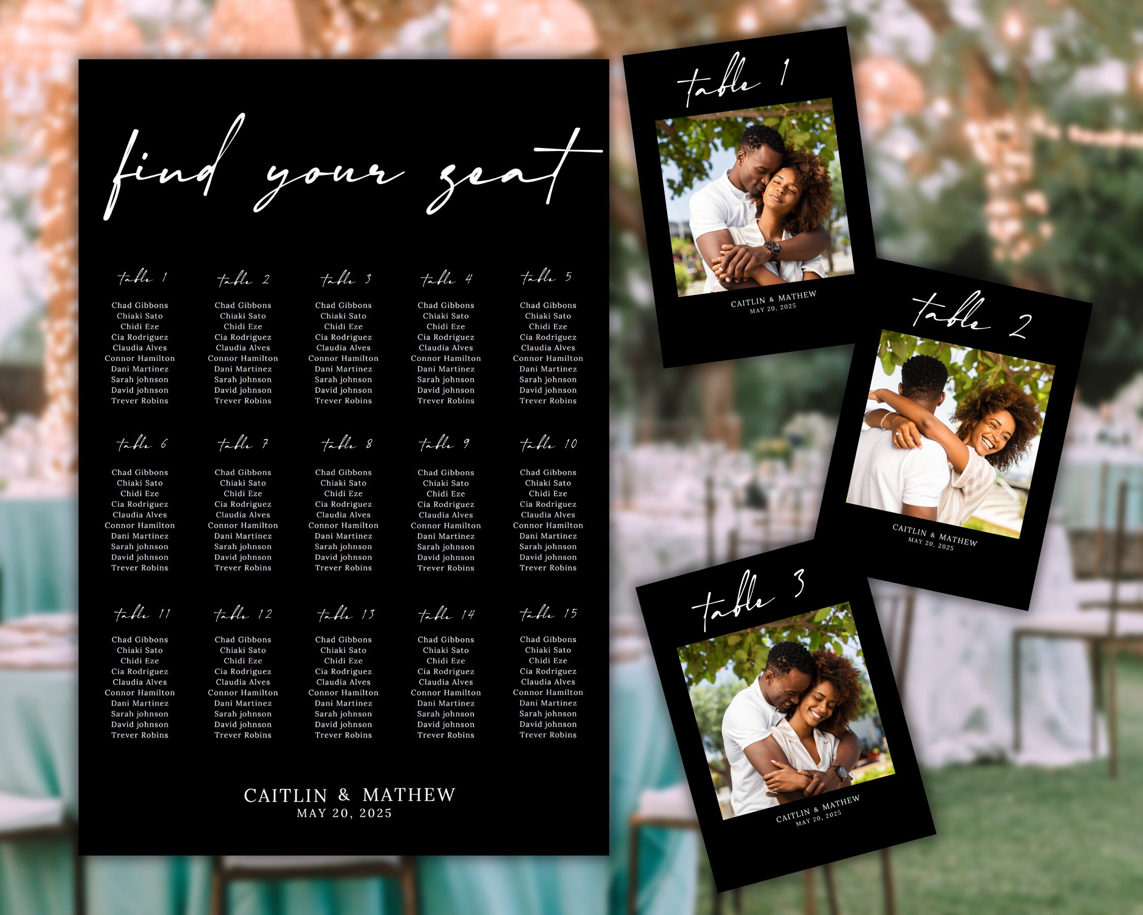 Black Wedding Seating Chart Sign Wedding Photo Table Number Template ...