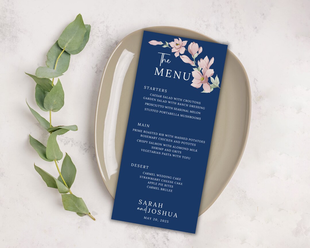 Blue and Pink Menu Wedding Reception Signs and Cards Blue Wedding Decor ...