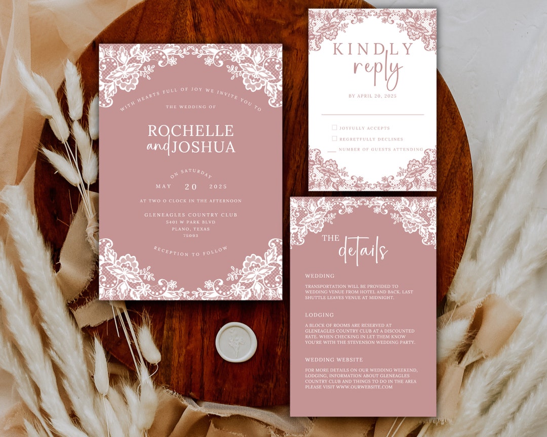 Mauve Wedding Invitation Template Mauve and Lace Invitation Stationary ...