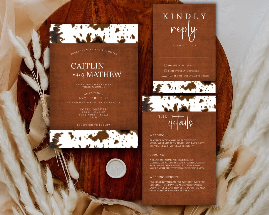 Country Western Wedding Invitation Template Cowhide Wedding Invitation ...