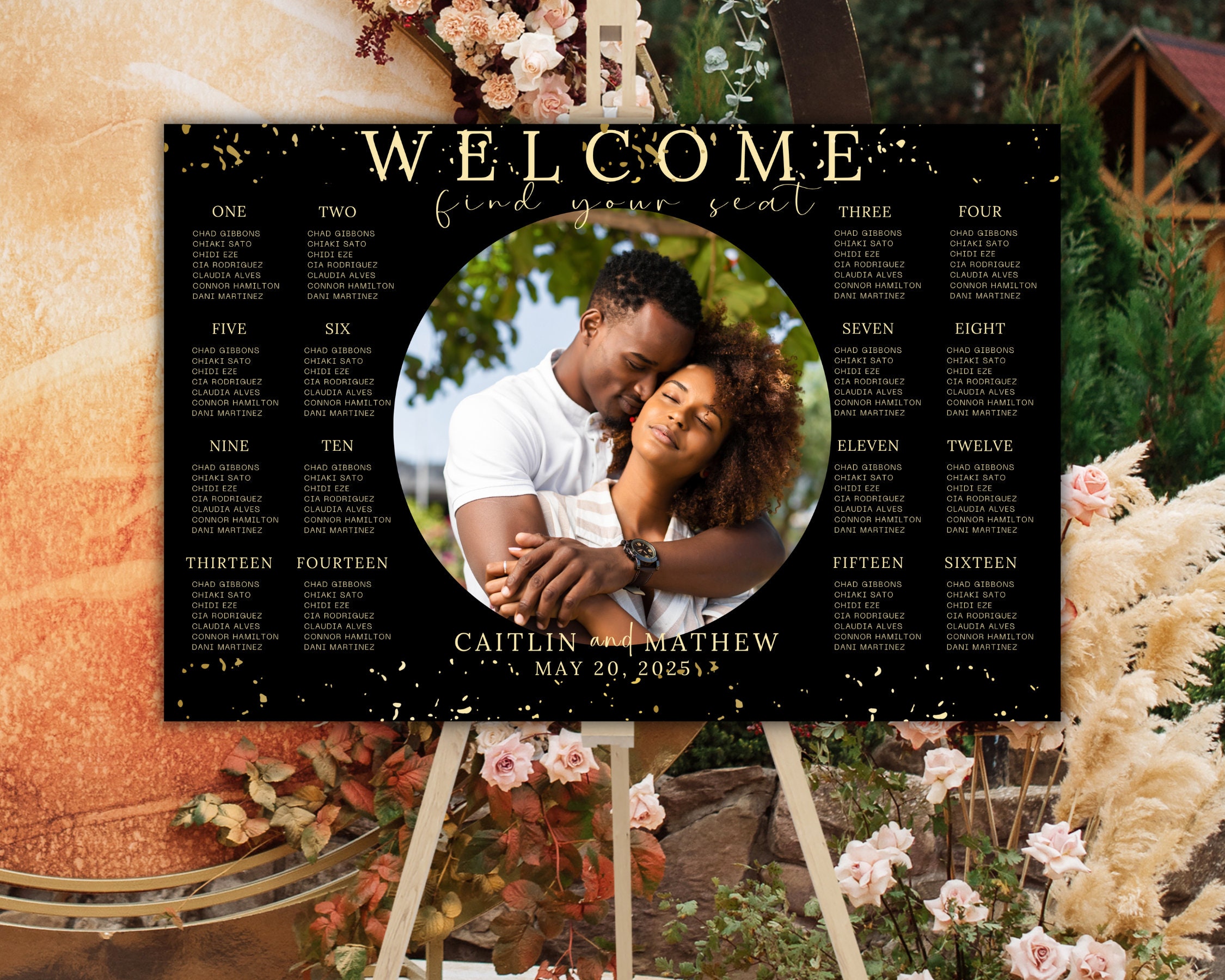 Black Wedding Reception Seat Assignment Sign Template Black and Gold ...