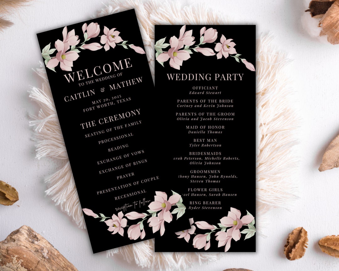 Black and Pink Floral Wedding Decor Black Wedding Ceremony Program ...