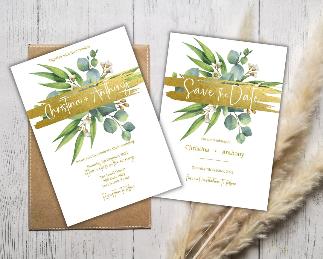 Gold and Greenery Wedding Invitation Bundle Green and Gold Invitation ...