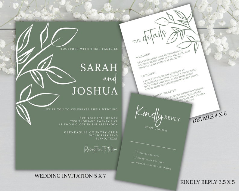 Sage Green Wedding Invitation Template Minimalist Wedding Stationery ...