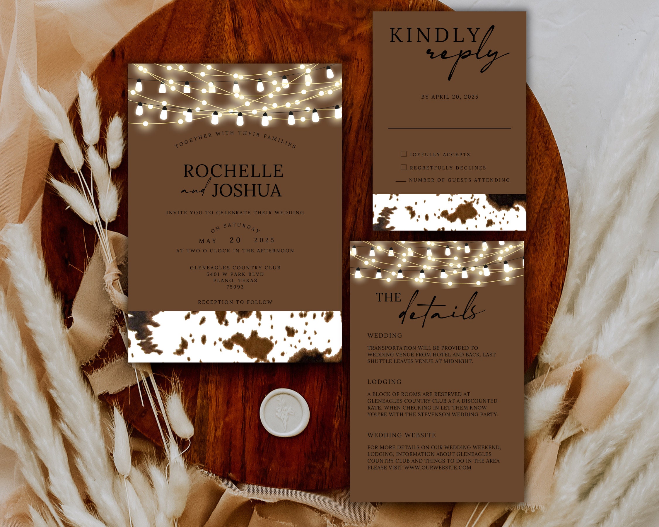 Western Wedding Invitation Template Western Rsvp Card Cowhide Wedding ...