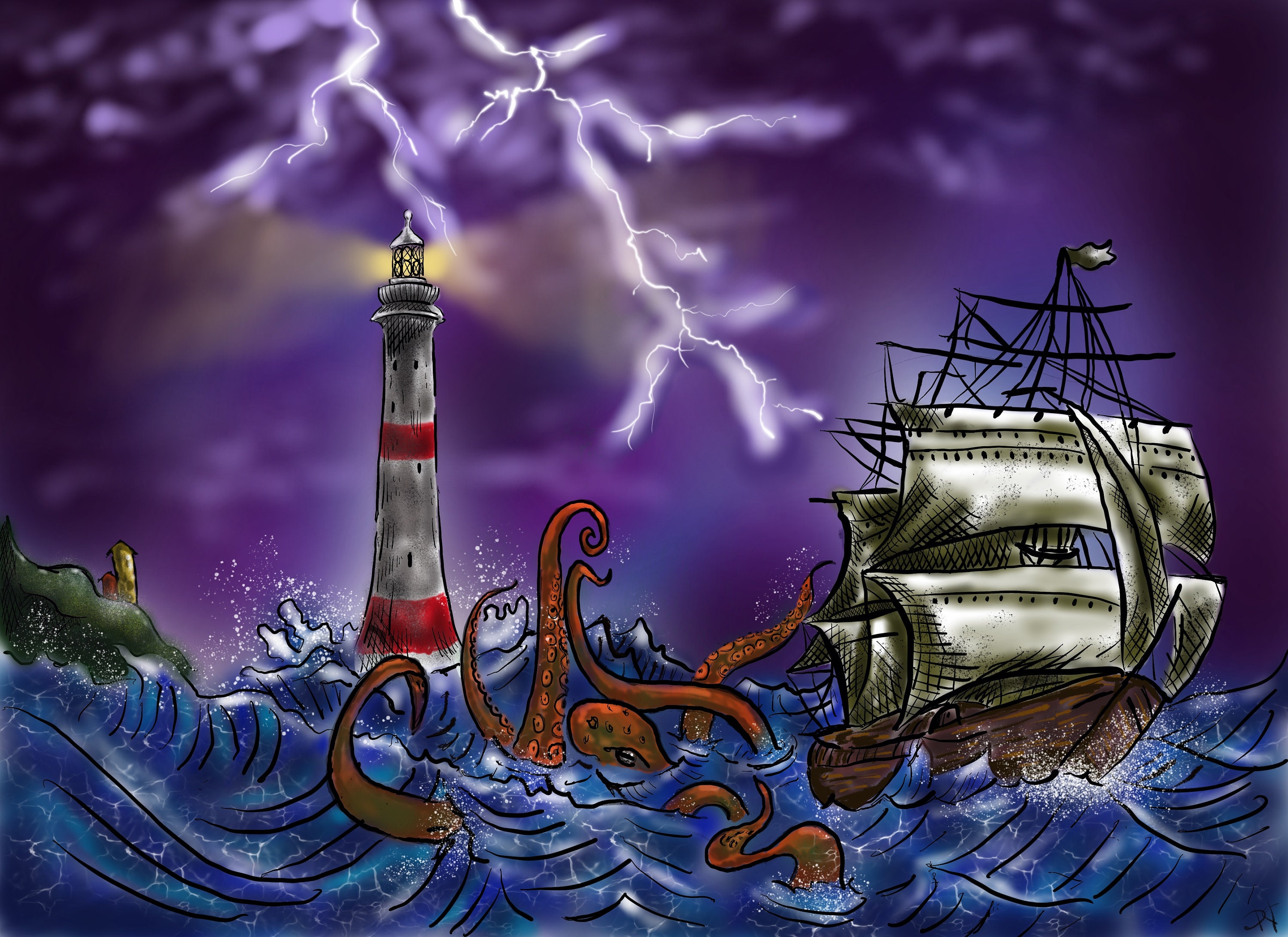 Ship in the Storm Drawing Print - Etsy