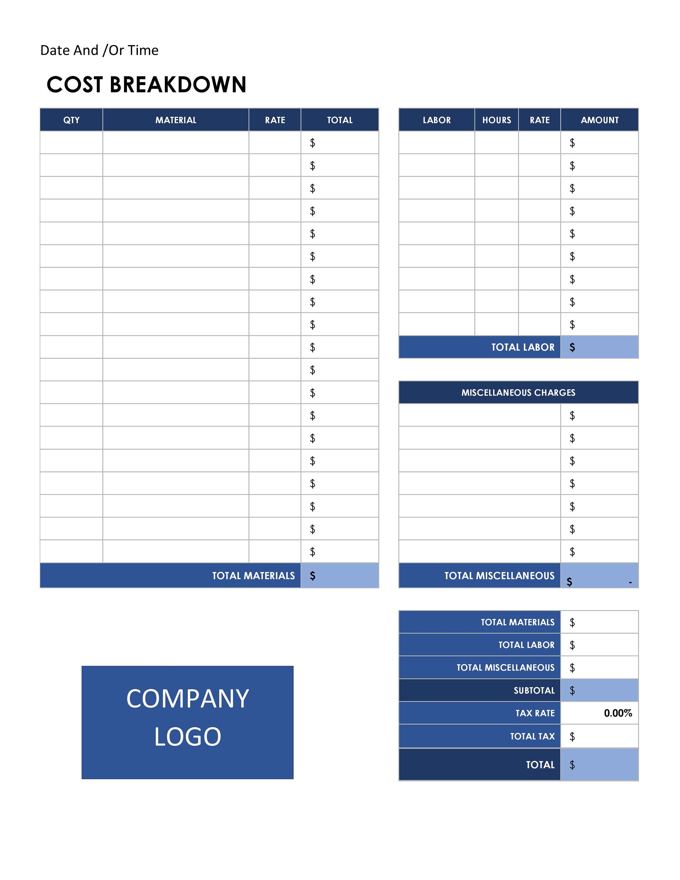 Construction Cost Breakdown Template Free