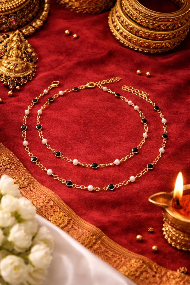 Black Bead Pearl Anklet | Gold Chain Ankle Bracelet | Minimal Indian ...
