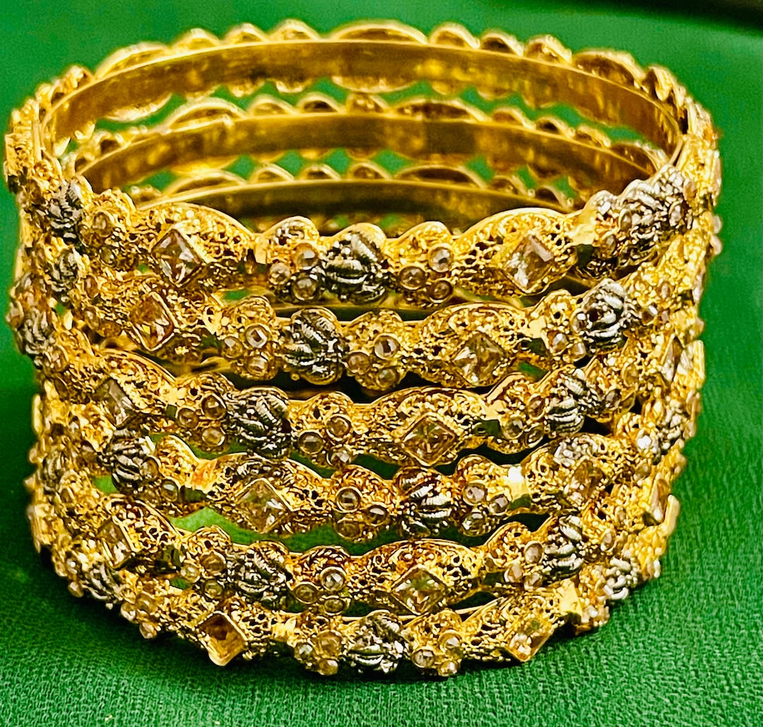 Real Gold Look Gold Pleated Indian Pakistani Bangles Kara Set Size 2.6 ...