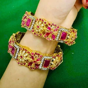 Indian Pakistani Gold Pleated Openable Bangles Set Size2.8 in Dark Pink ...