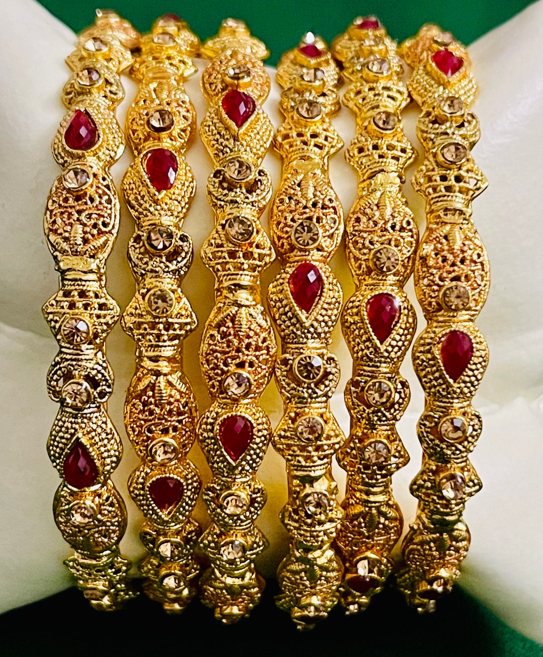 Real Gold Look Gold Pleated Indian Pakistani Bangles Kara Set Size 2.8 ...
